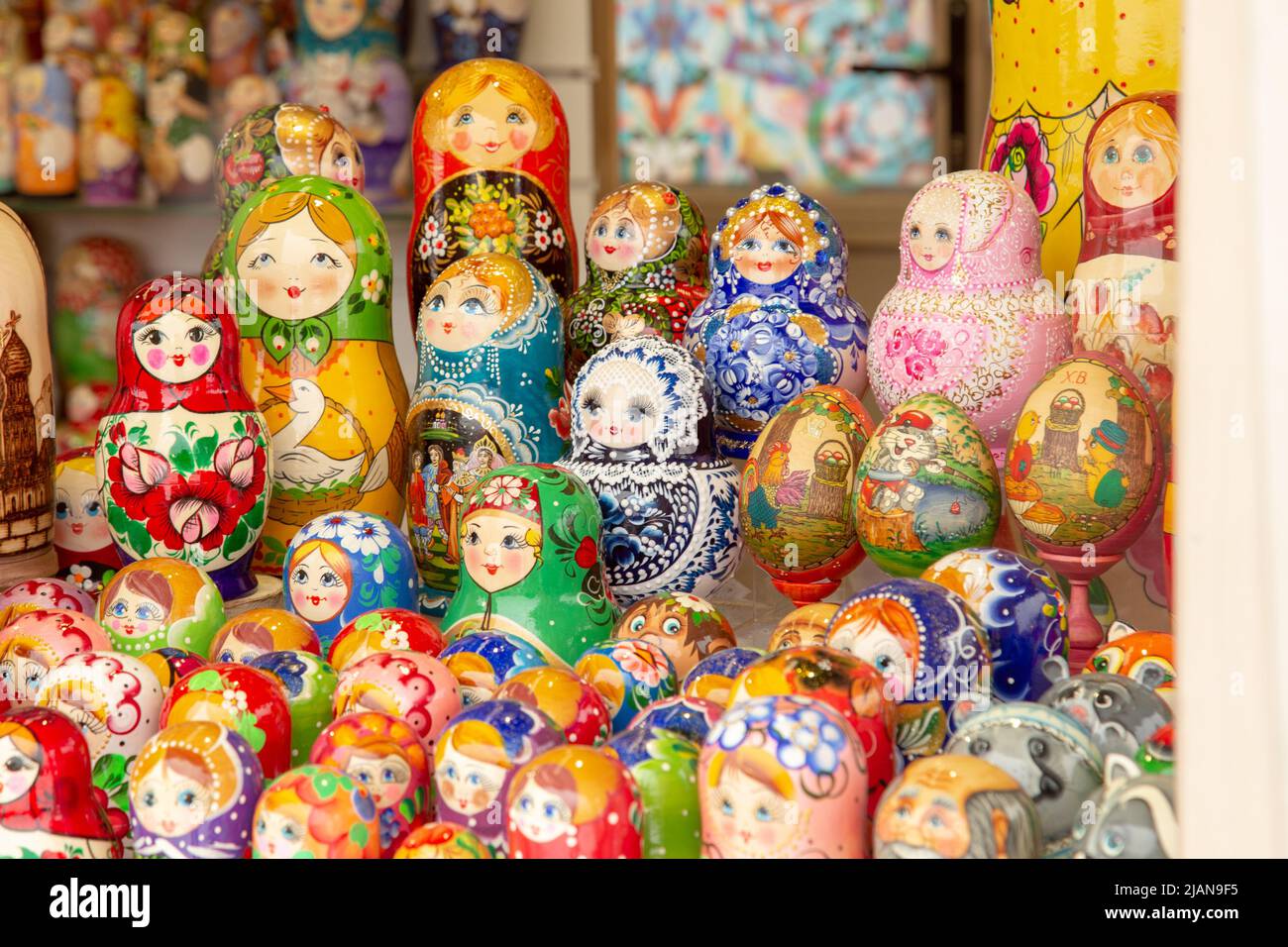 MOSCOW, RUSSIA - FEBRUARY 13,2019: Large selection of matryoshkas ...