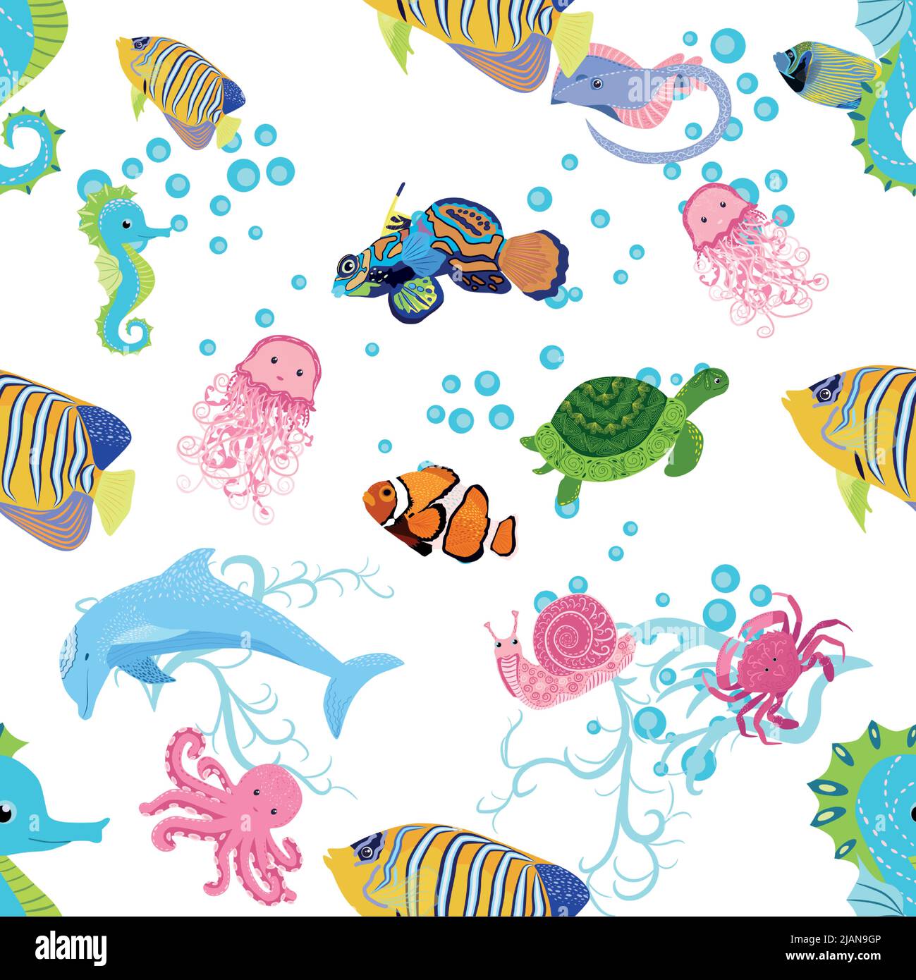 Marine life, fish, animals bright seamless pattern. sea travel ...