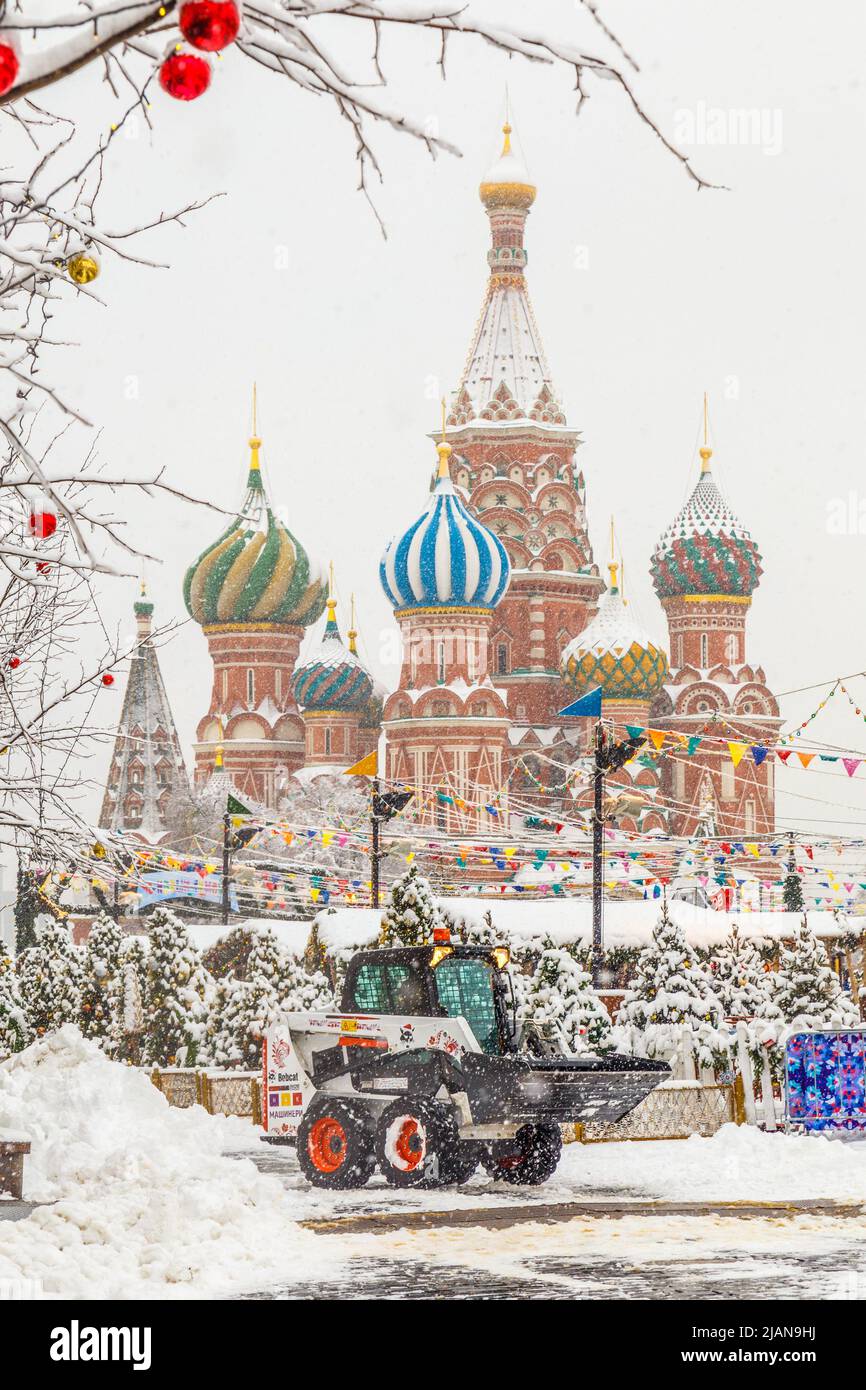 MOSCOW, RUSSIA - FEBRUARY 13,2019: Snow plow cleaning snow from city ...