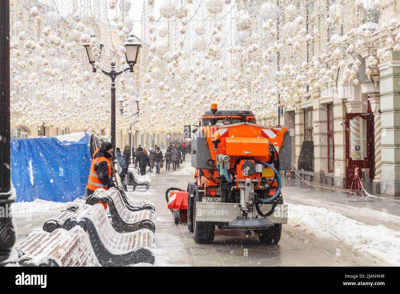 MOSCOW, RUSSIA - FEBRUARY 13,2019: Snow plow cleaning snow from city ...