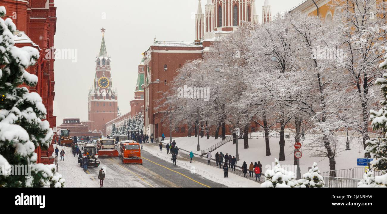 MOSCOW, RUSSIA - FEBRUARY 13,2019: Snow plow cleaning snow from city ...