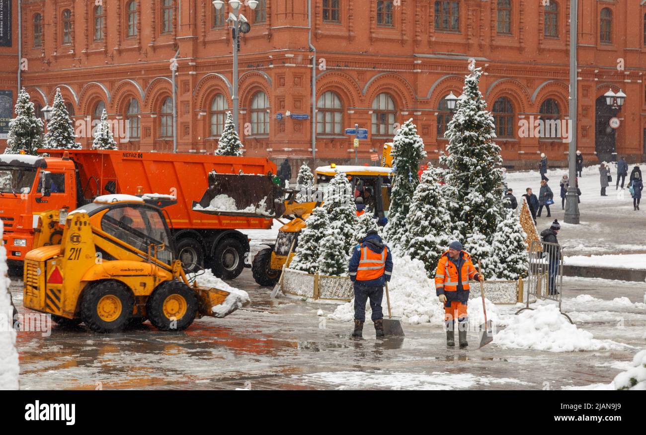 MOSCOW, RUSSIA - FEBRUARY 13,2019: Snow plow cleaning snow from city ...