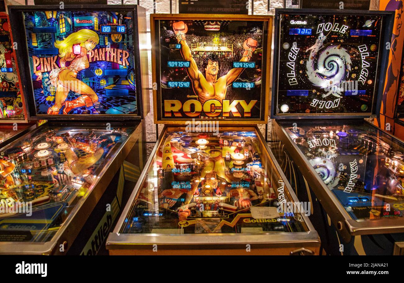 Budapest, Hungary - March 25, 2018: Pinball museum. Pinball table close ...