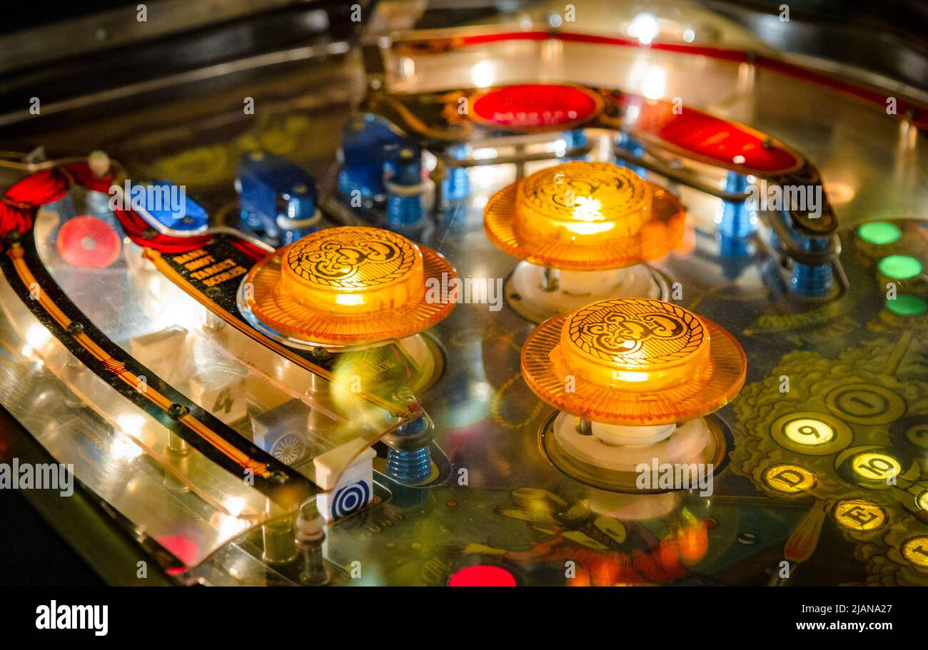 Budapest, Hungary - March 25, 2018: Pinball museum. Pinball table close ...