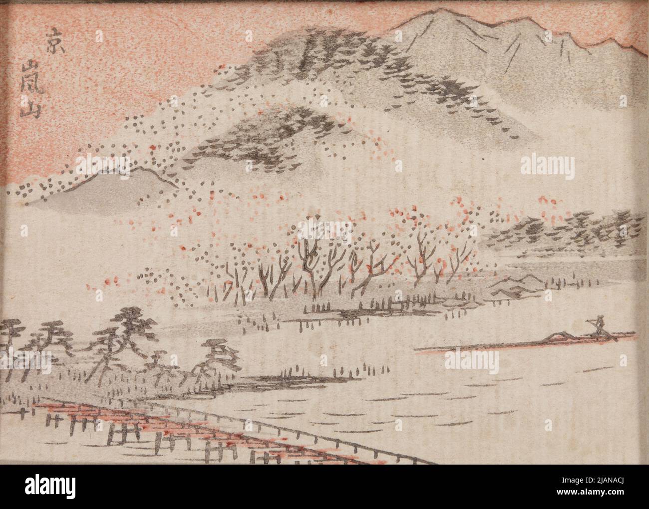 Landscape a bridge over the river and flowering trees, a mountain ...