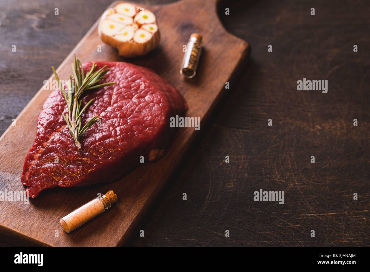 Fresh meat top view. Raw beef steak and spices for cooking Stock Photo ...