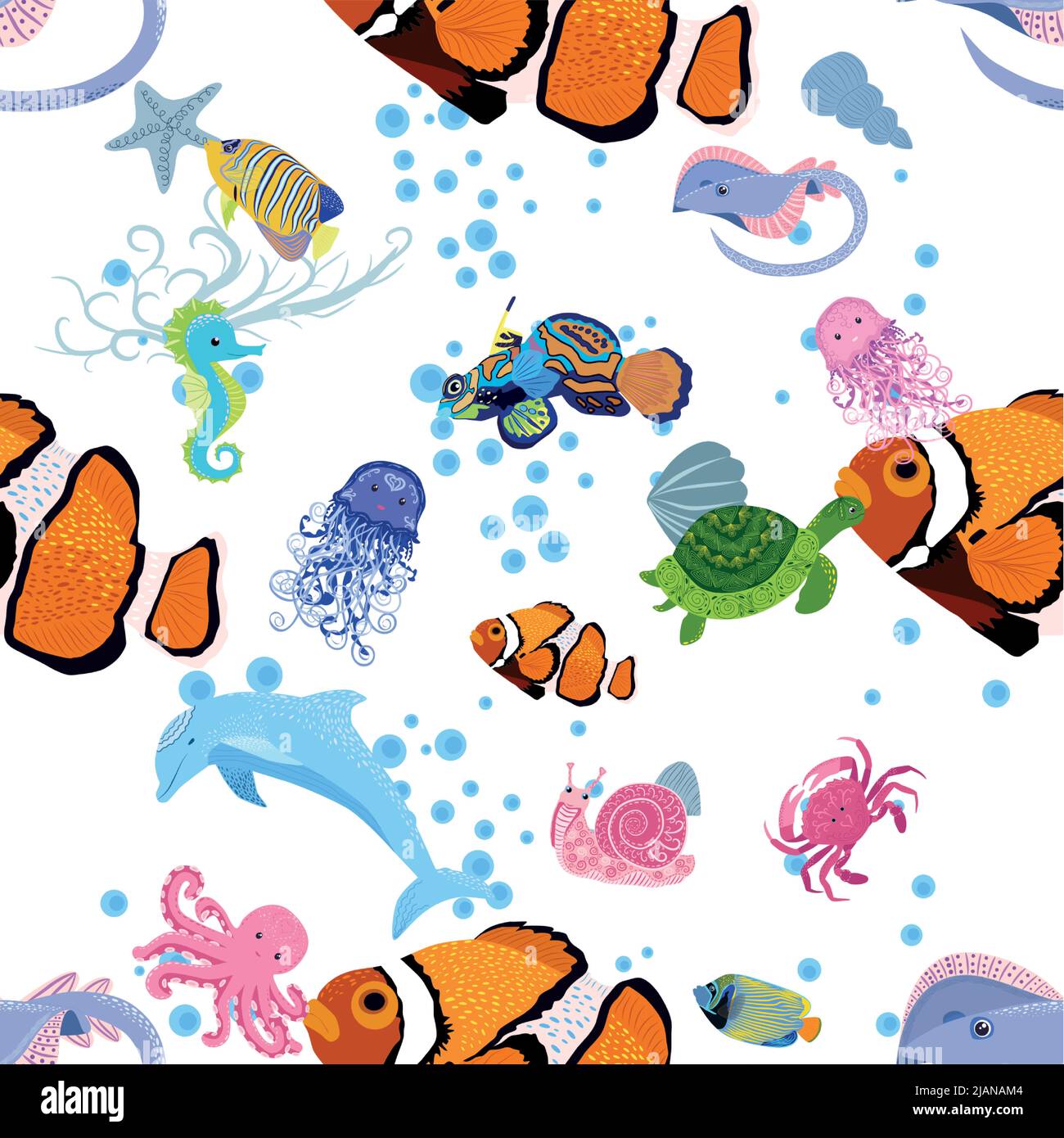 Marine life, fish, animals bright seamless pattern. sea travel ...