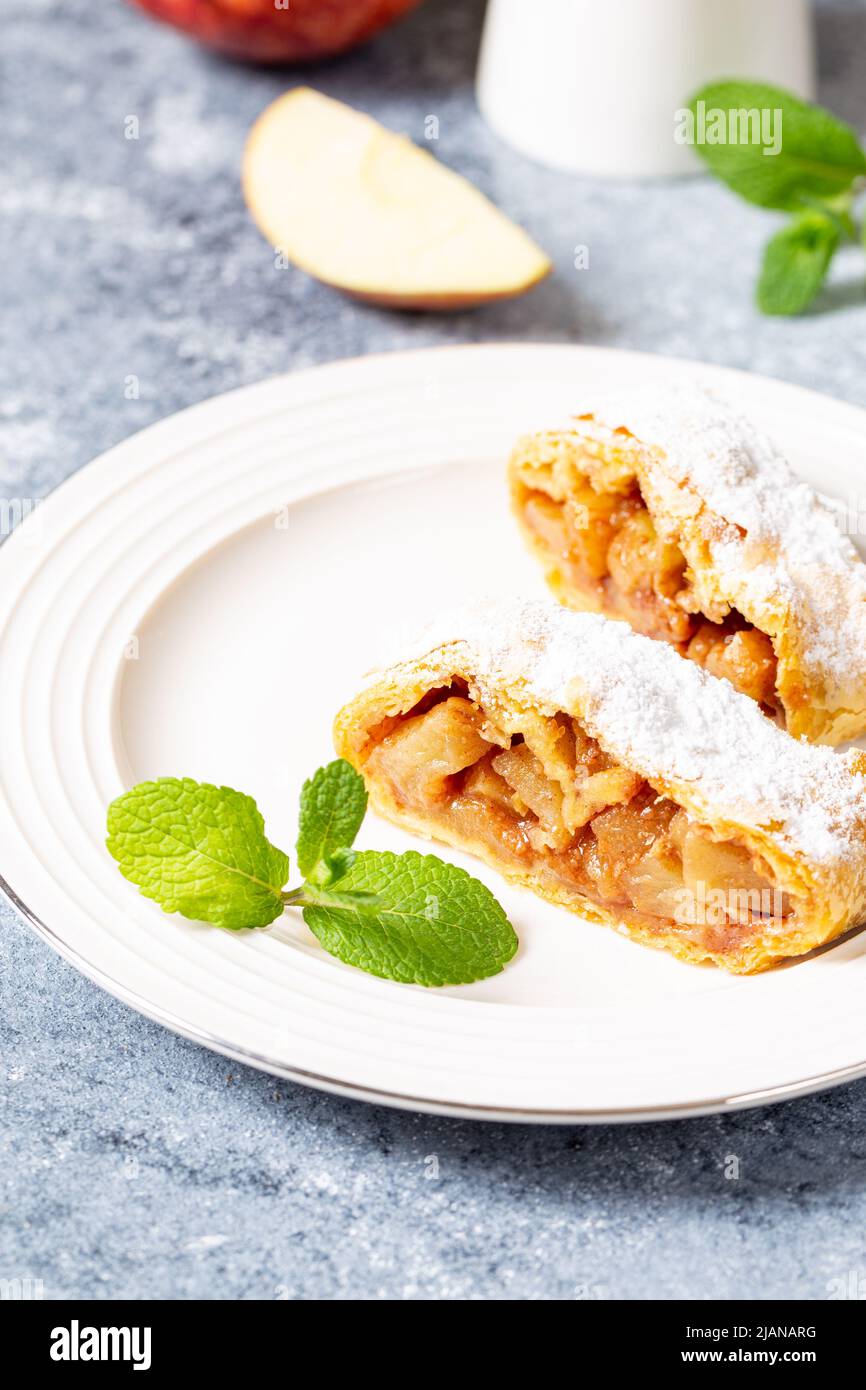 homemade flavored apple strudel in a plate on a gray concrete ...