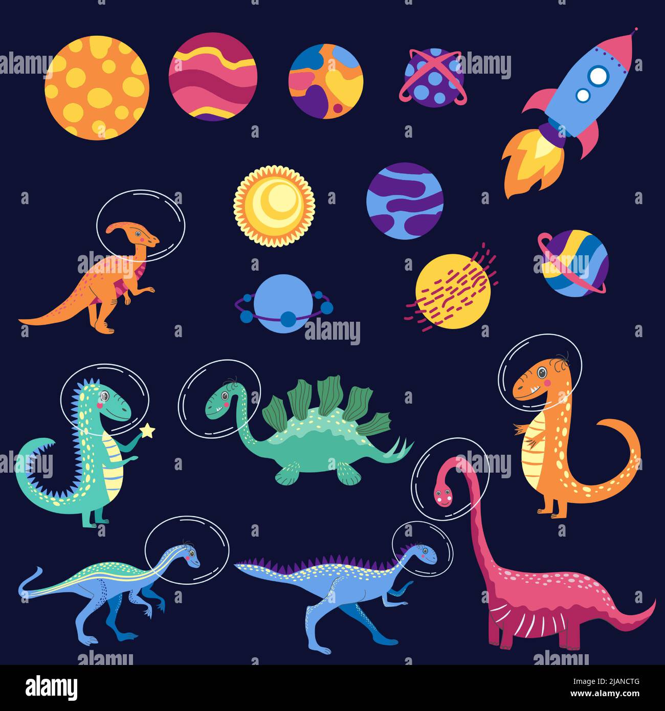Dino in space. Cute dragon characters, dinosaur traveling galaxy with ...