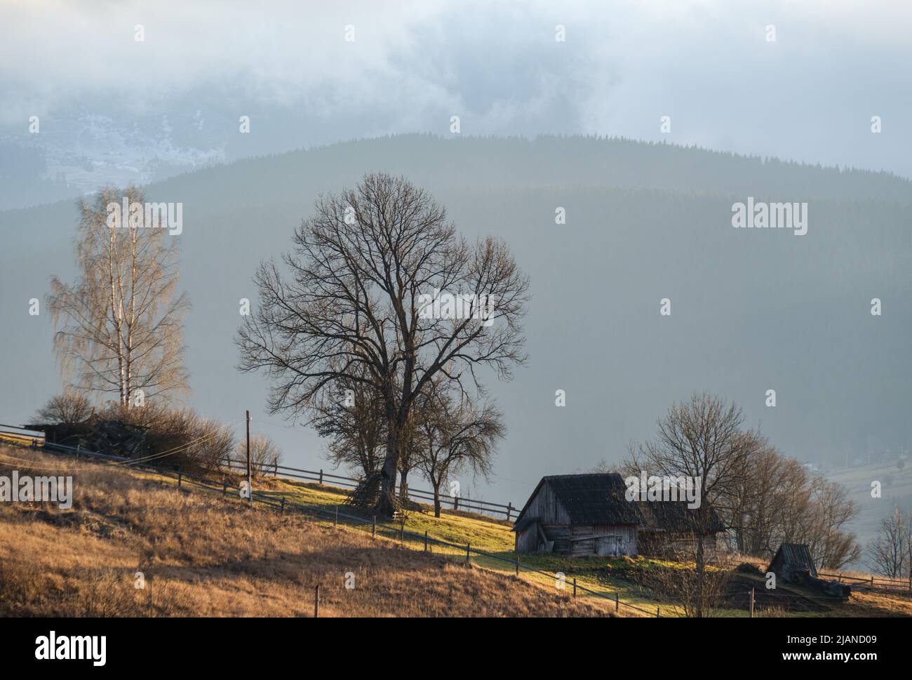 Last good weather days in autumn mountain countryside. Peaceful ...