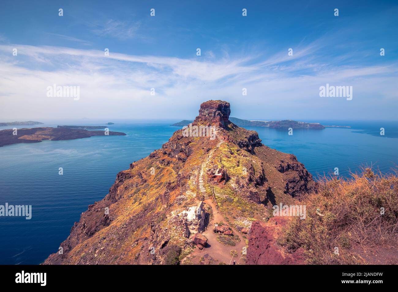 Fira town, with view of caldera, volcano and cruise ships, Santorini ...