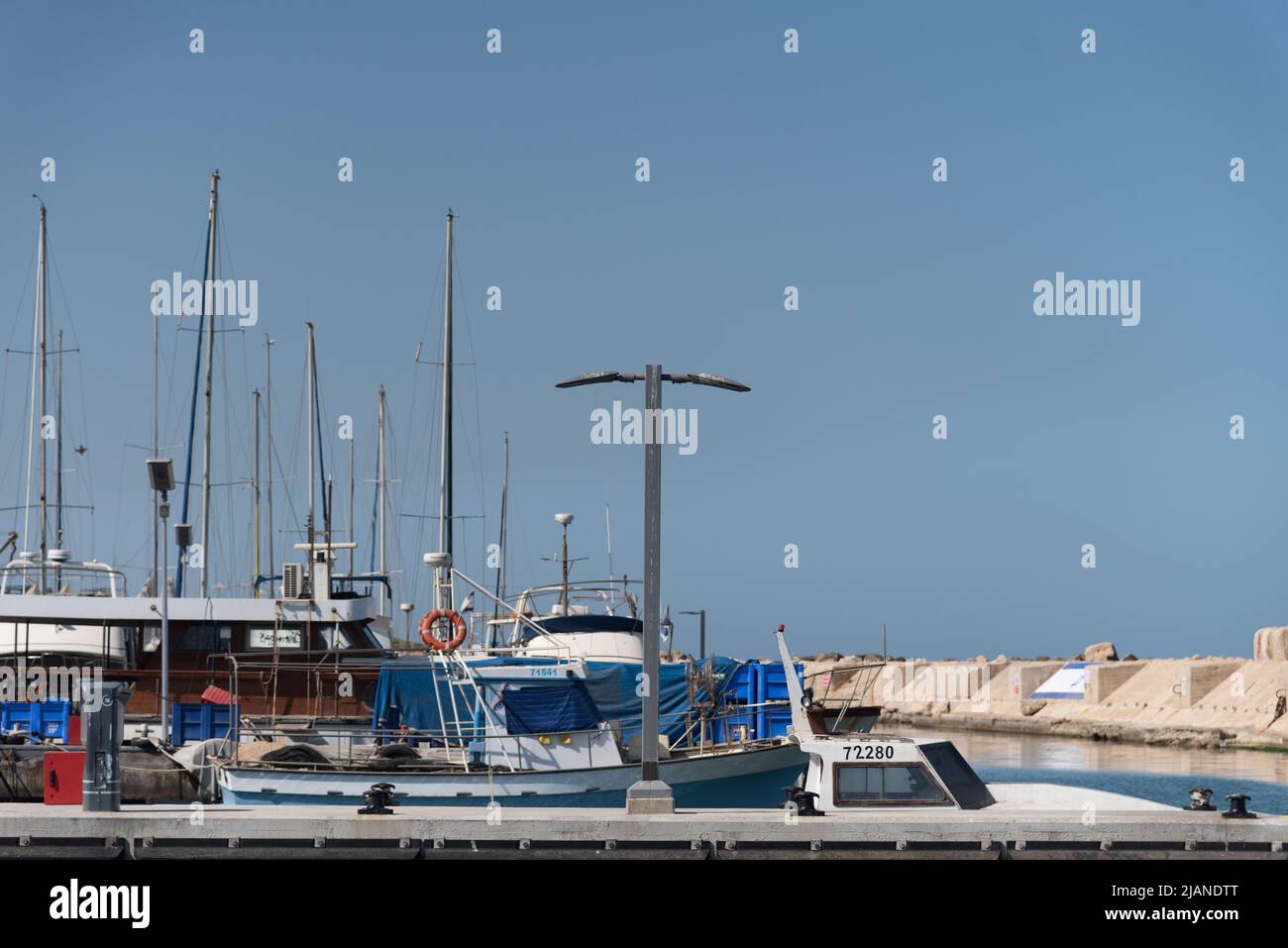 JAFFA ISRAEL MAY 2022: Fishing boats over the Mediterranean sea at the ...