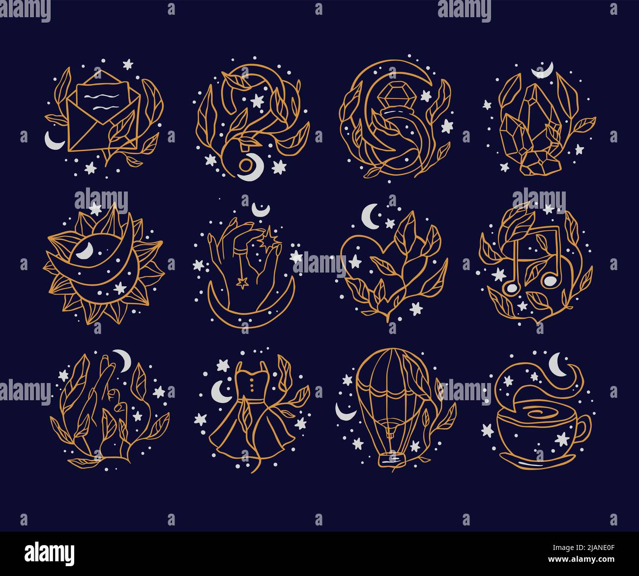 Celestial magic gold icon set. Logo star and moon vector illustration ...