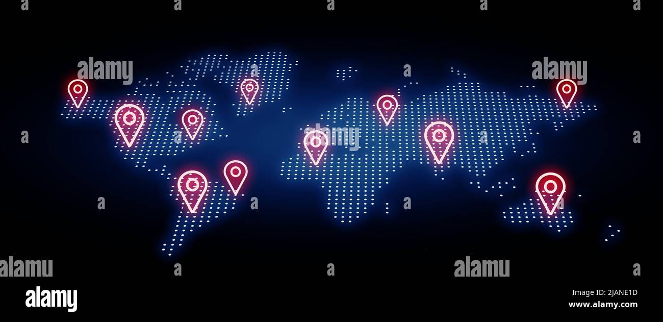 The concept of globalization. World map with selected waypoints Stock ...