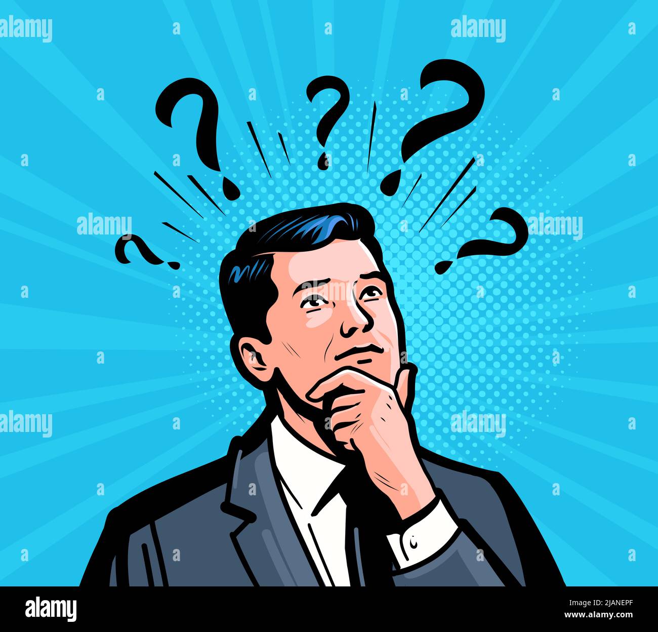 Businessman with question marks. Man thinks how to solve problems ...