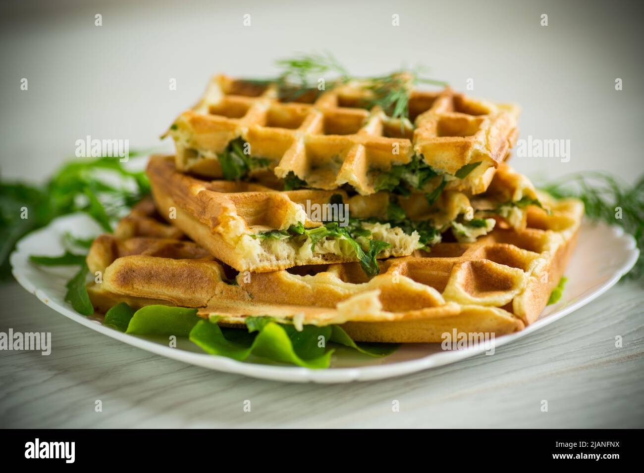 Homemade fried vegetable waffles with herbs inside Stock Photo - Alamy