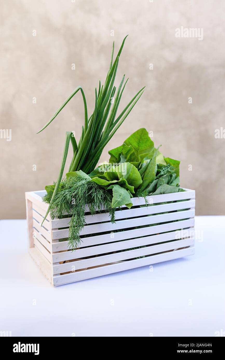 Front view Decorative white box full of fresh greens on white table on ...