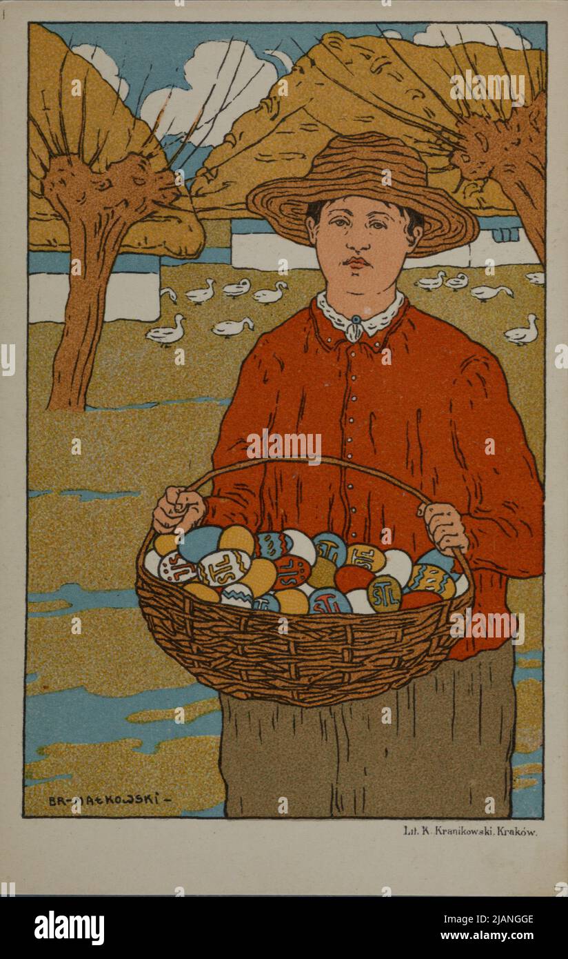 MAŁKOWSKI Bronisław Country boy with a basket of Easter eggs Kranikowski, K., Publisher of the ...