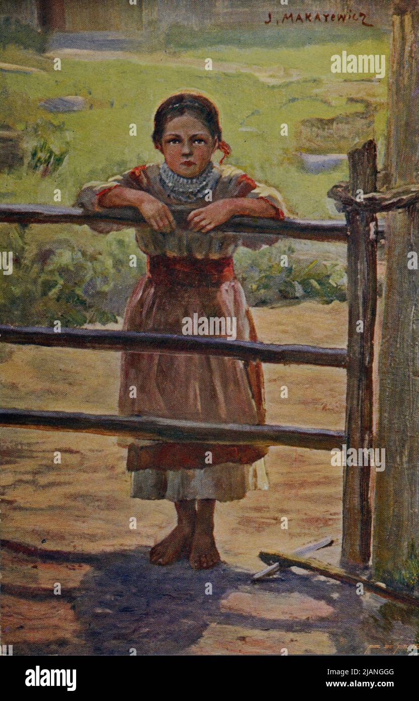 MAKAYEWICZ J. Girl leaning on a perch gate Reason, Dawid Stock Photo ...