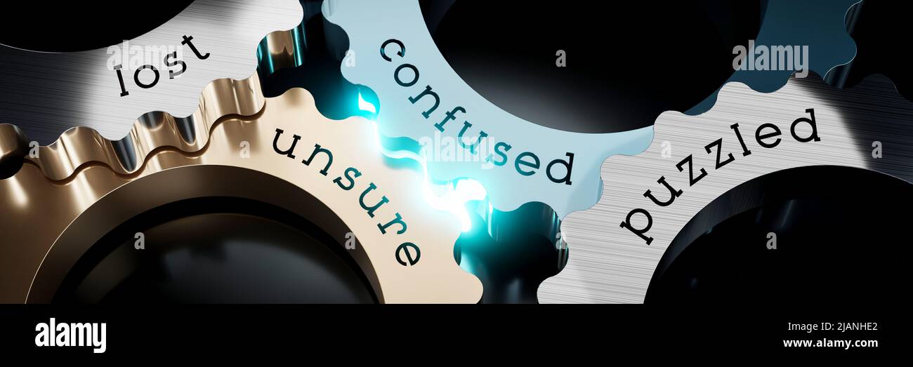 Lost, confused, unsure, puzzled - gears concept - 3D illustration Stock ...