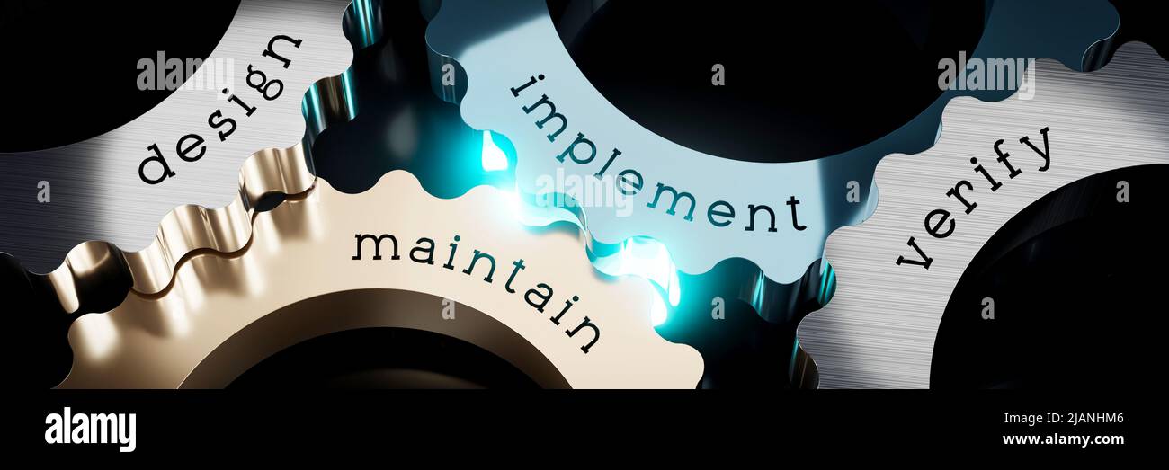 Design, implement, maintain, verify - gears concept - 3D illustration ...