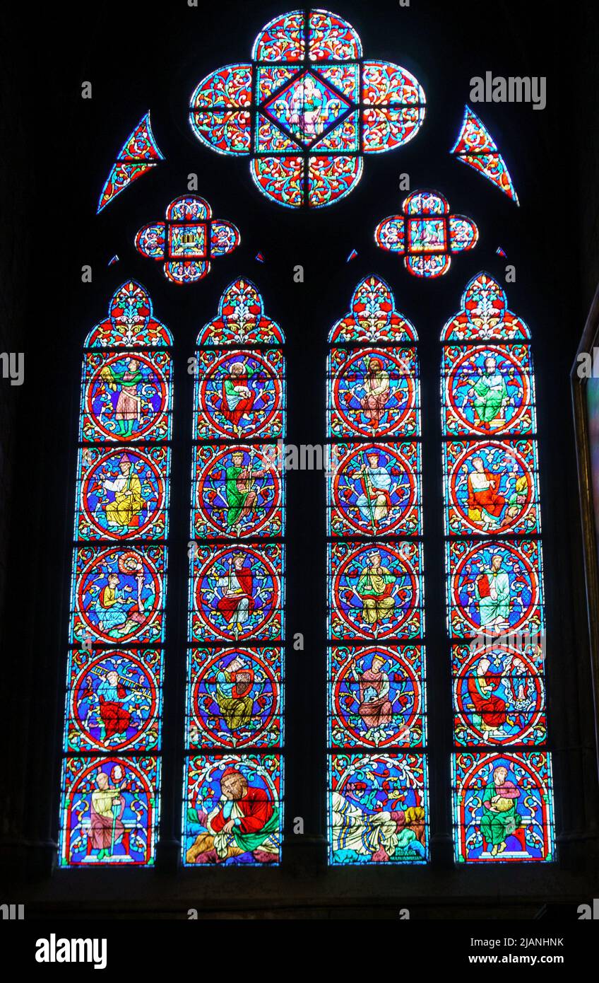Paris, France, March 27, 2017: Stained glass window at Notre Dame ...