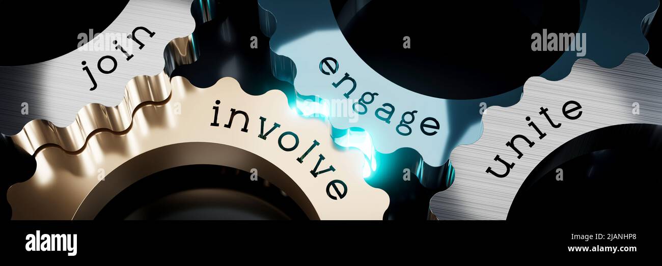 Join, engage, unite, involve - gears concept - 3D illustration Stock ...