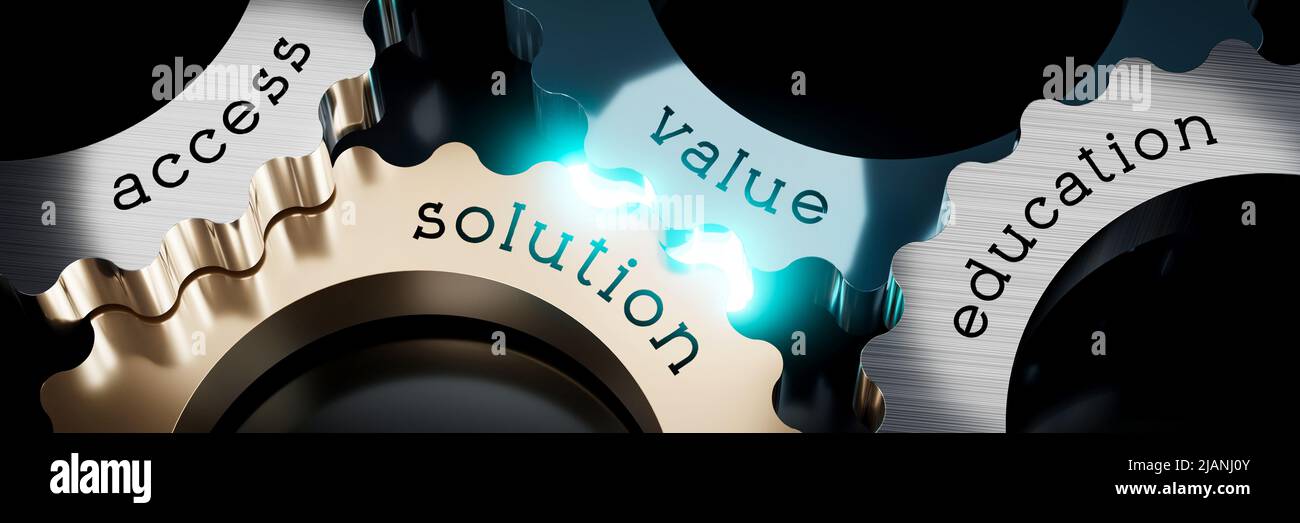 Access, value, solution, education - gears concept - 3D illustration ... Access, value, solution, education - gears concept - 3D illustration ...