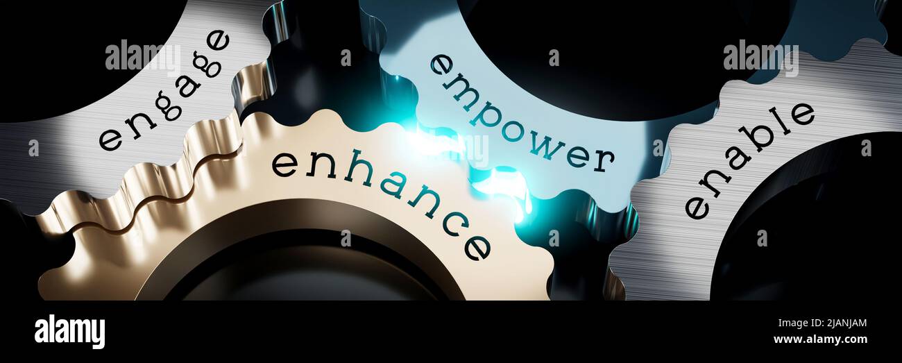 Engage, empower, enhance, enable - gears concept - 3D illustration ...