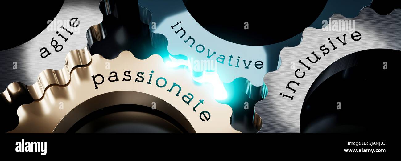 Agile, innovative, passionate, inclusive - gears concept - 3D ...