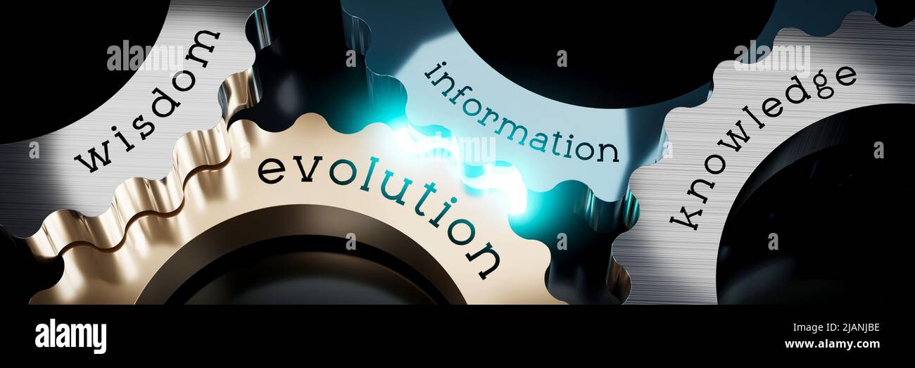 Wisdom, information, evolution, knowledge - gears concept - 3D ...