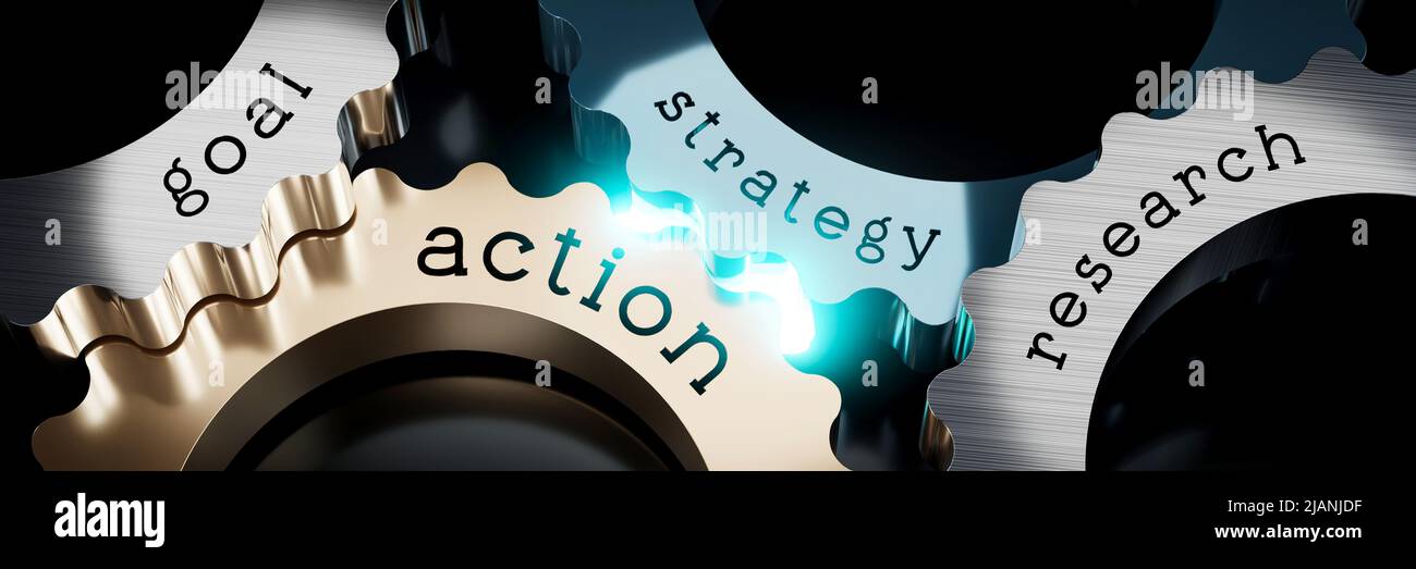 Goal, action, strategy, research - gears concept - 3D illustration ...