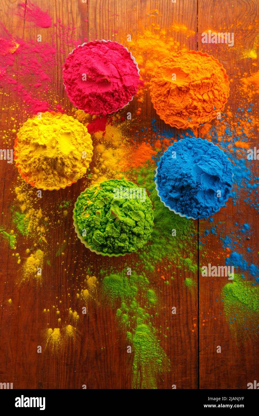 Holi color powder. Organic Gulal colours in bowl for Holi festival ...