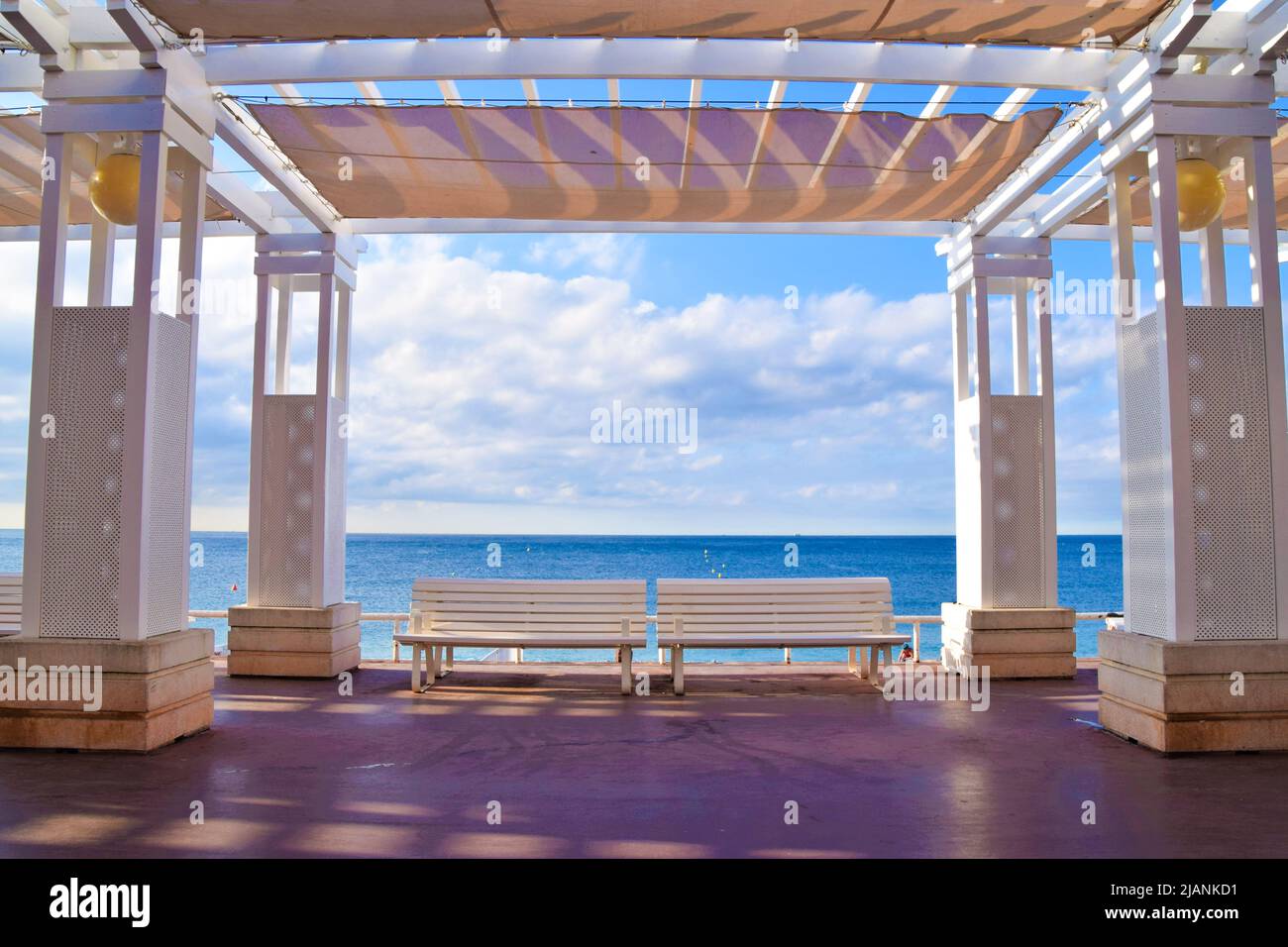 An empty seaside pergola on Promenade des Anglais in Nice, South of ...