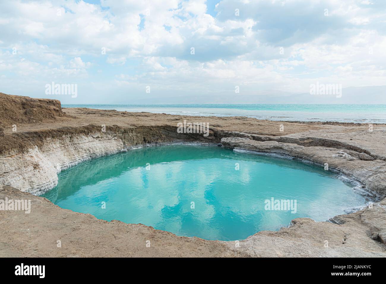 Sinkhole filled with turquoise water, near Dead Sea coastline. Hole ...