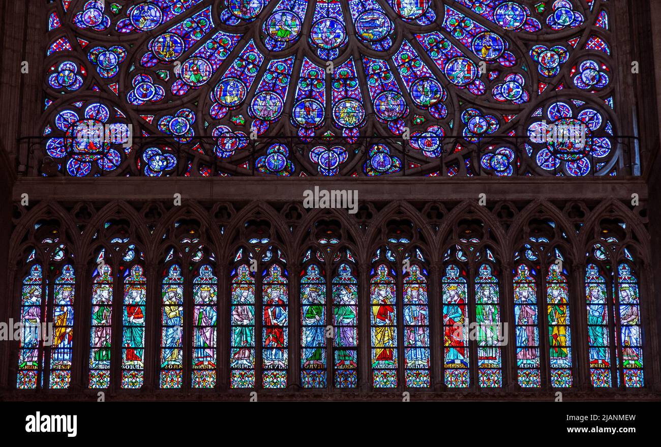 Paris, France, March 27, 2017: Stained glass window at Notre Dame ...