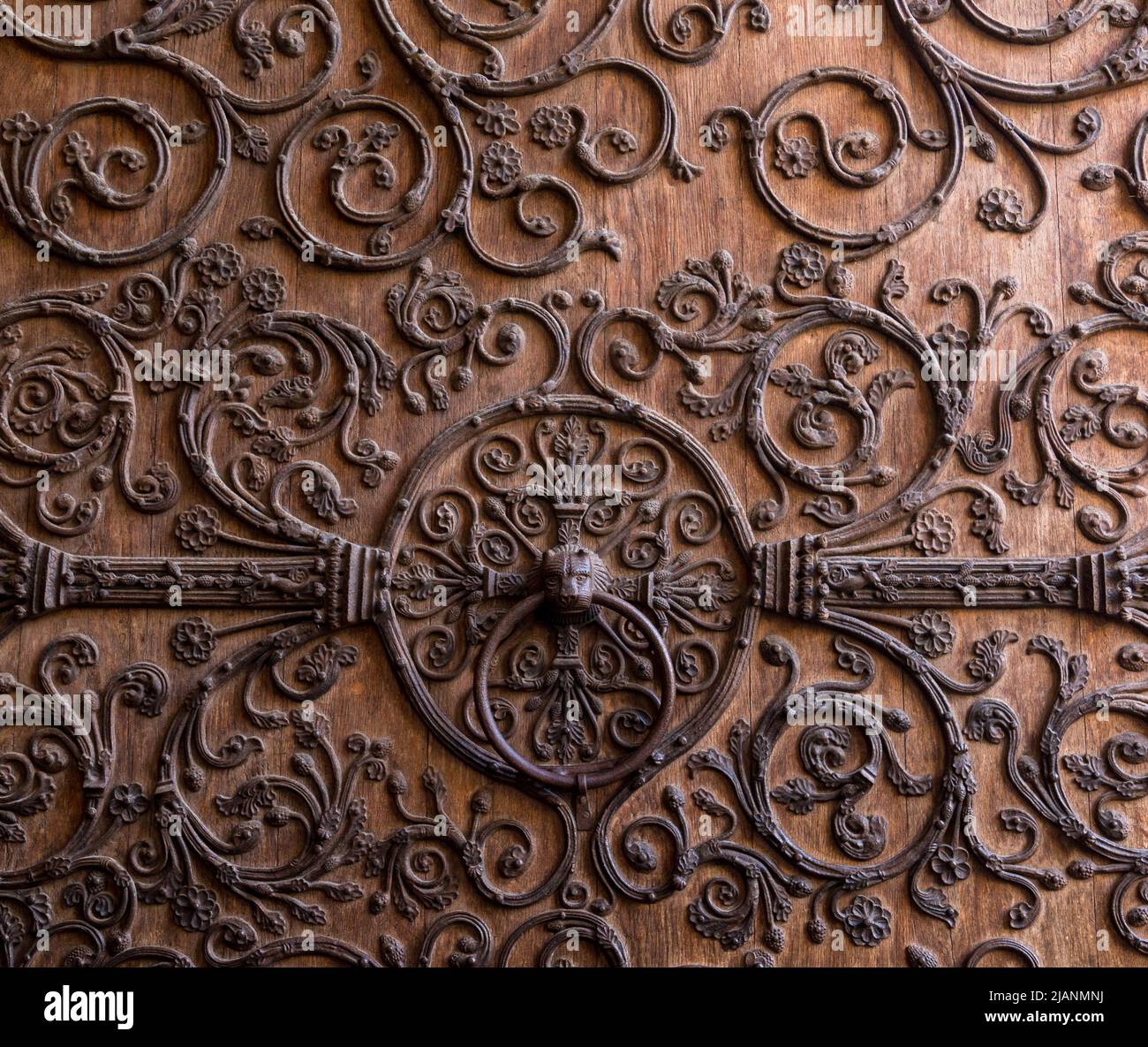 Door detail of Notre Dame de Paris Cathedral, Paris, France. Old wooden ...