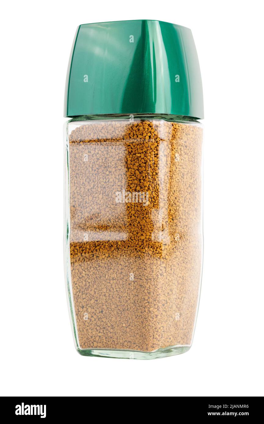 glass jar of instant coffee with green cap isolated on white background ...