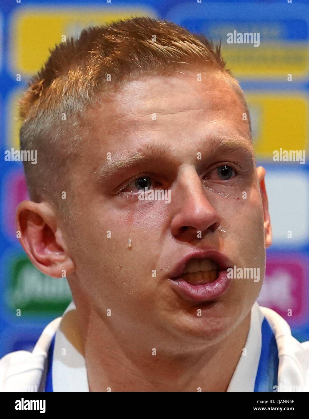 Ukraine's Oleksandr Zinchenko during a press conference at Hampden Park ...