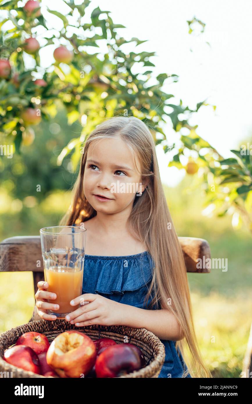Girl child in autumn park with apples basket hi-res stock photography ...