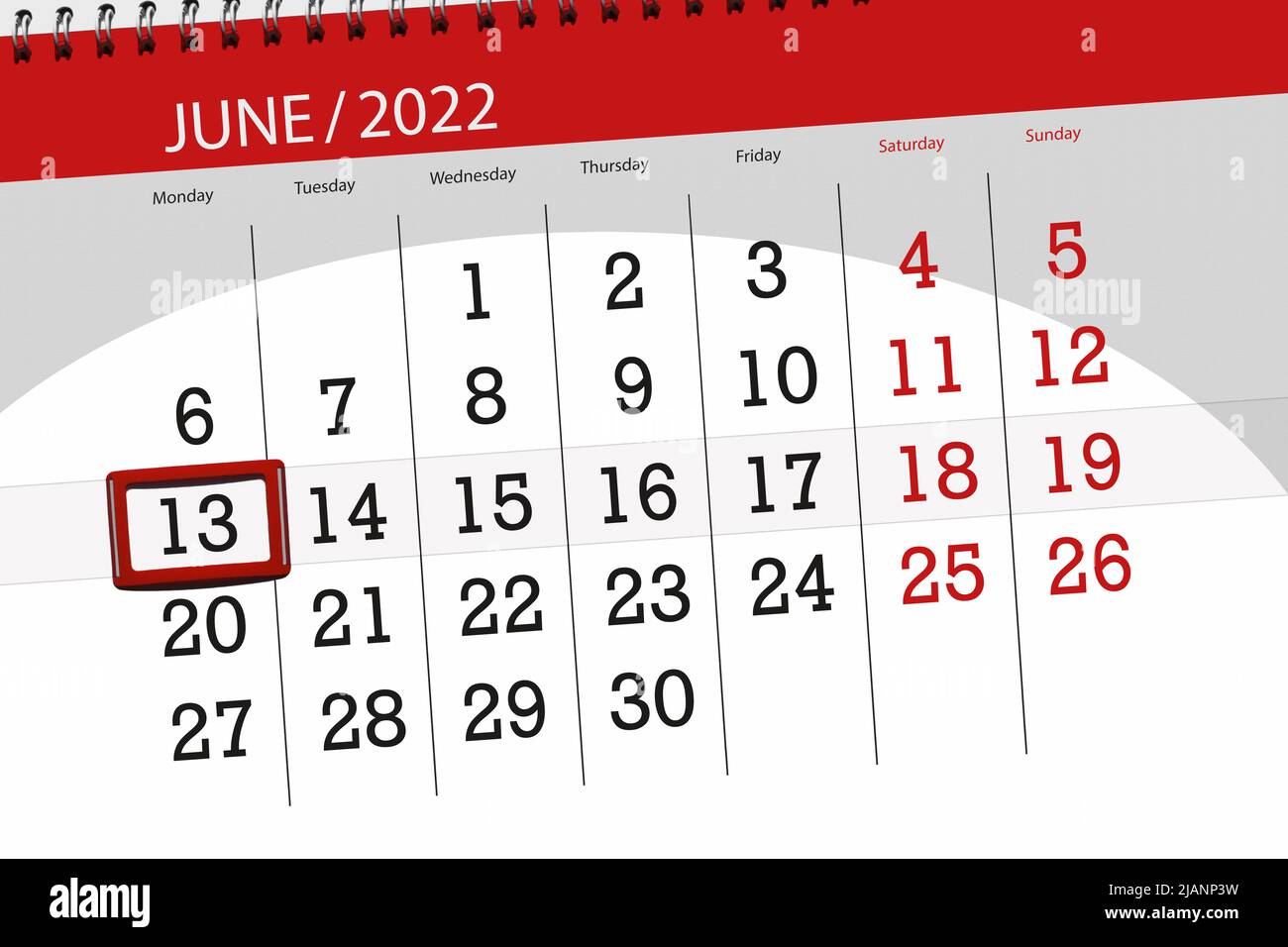 Calendar planner for the month june 2022, deadline day, 13, monday ...