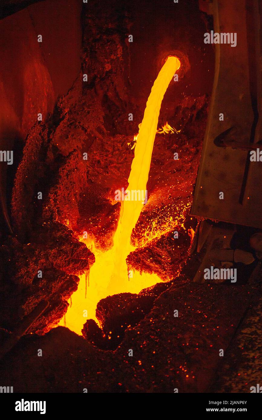 Red hot stream of molten copper, First Quantum Minerals copper smelter ...