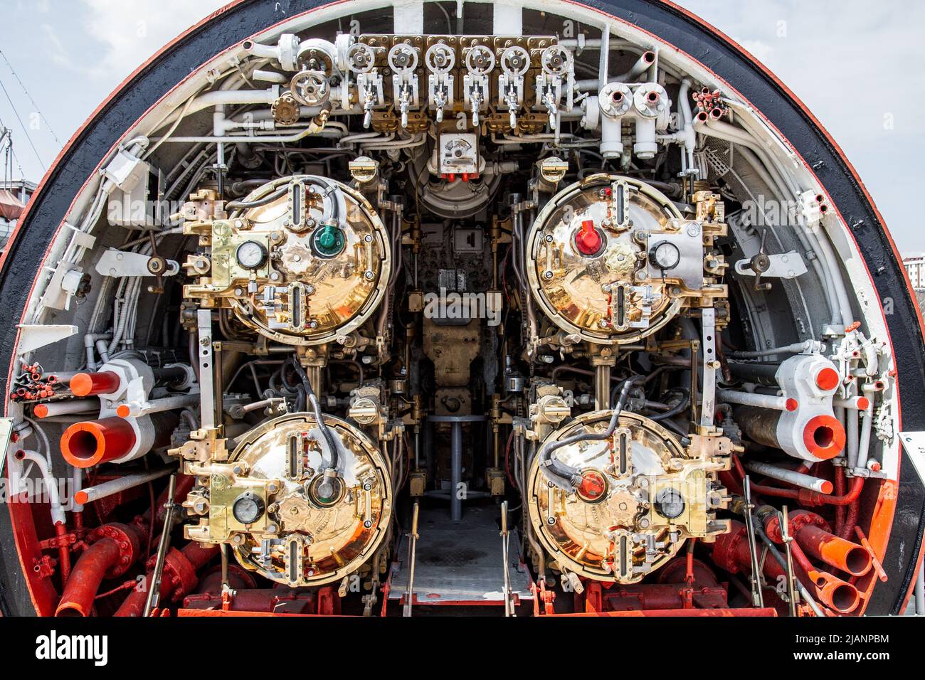 Istanbul, Turkey, 23 March 2019: Torpedo room on a combat submarine ...