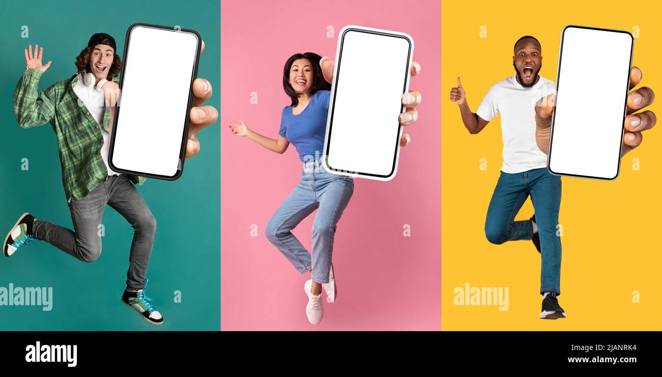 Emotional multiethnic millennials jumping up with smartphones, mockup ...
