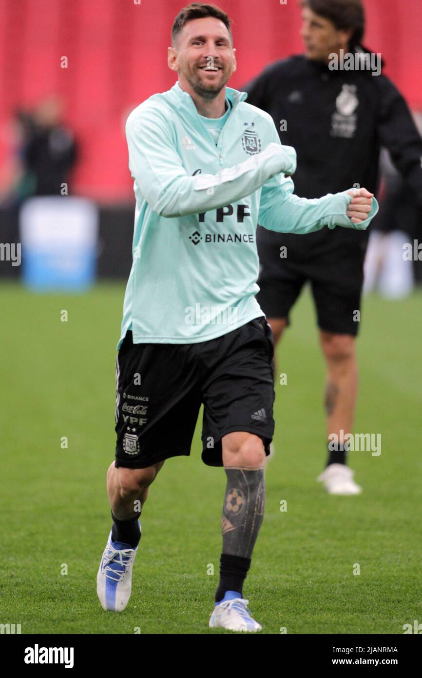 London, UK. 31st May, 2022. Lionel Messi of Argentina looks on smiling ...