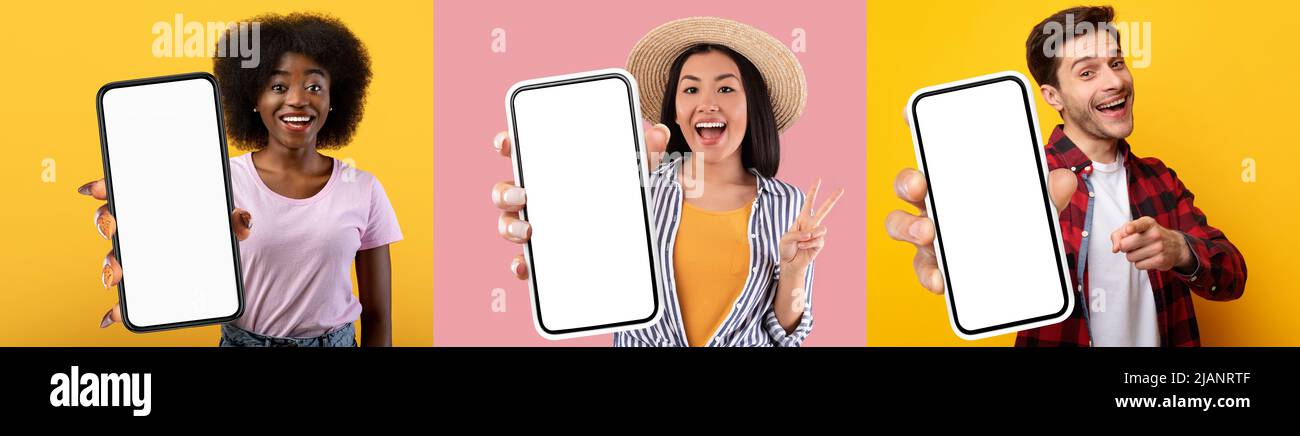 Positive millennials showing cell phones with empty screens Stock Photo ...