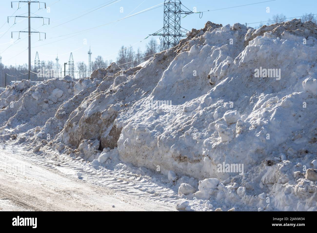 Large piles of snow on the side of the road for cars. High snowdrifts ...
