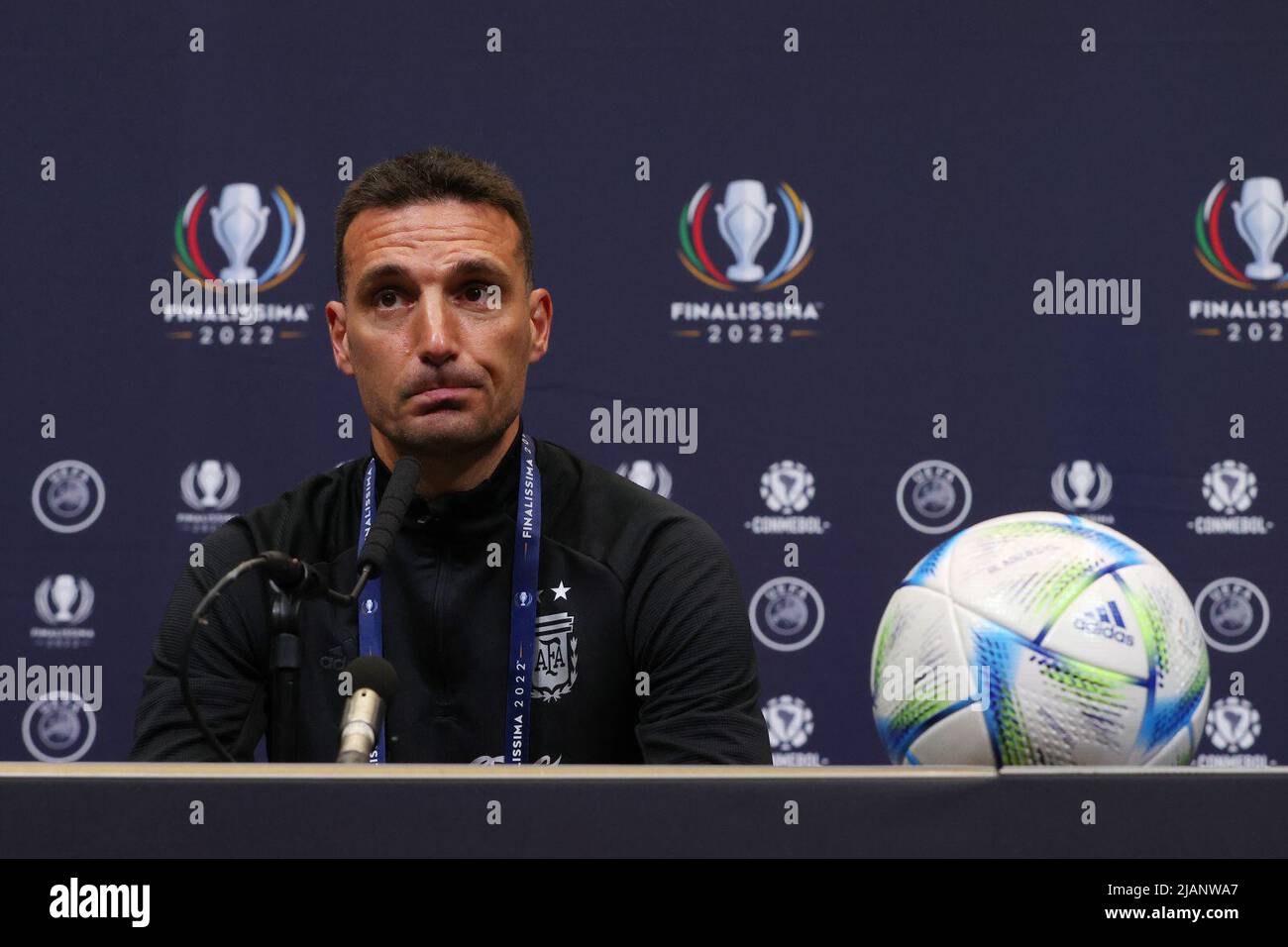 Argentina head coach Lionel Scaloni during a press conference at ...