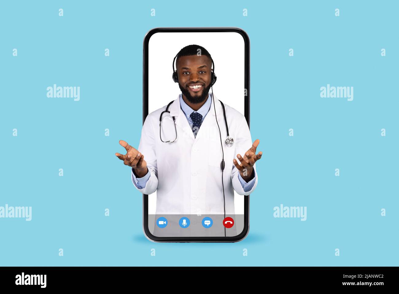 Online Medical Consultation. Handsome Black Doctor In Headset Peeking ...