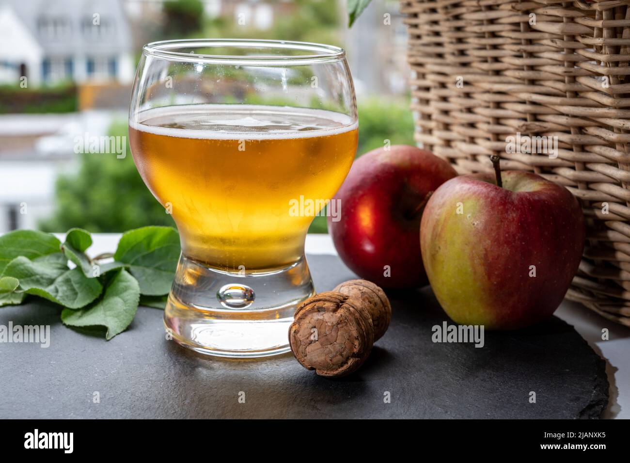 Glass of cold apple cider drink, ripe apples with leaves and houses of ...